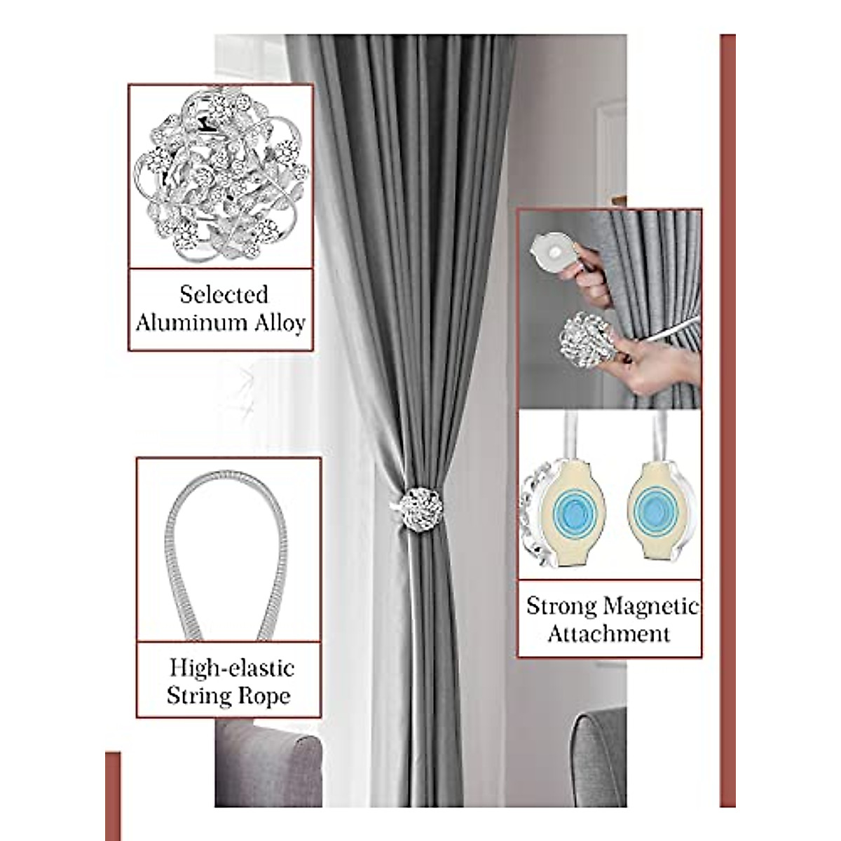 Shinowa 2-Pack Magnetic Curtain Tiebacks, Crystal Window Curtain Decorative Clips, No Drilling Drapery Holdbacks Flower Curtain Holder for Home Office Room Decor, 5 Petals, Silver