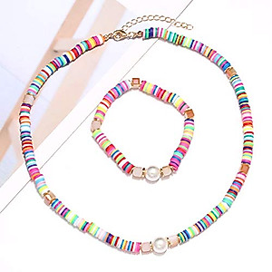 ARATLENCH Heishi Surfer Necklaces Bracelets –Colorful Vinyl Disc Beads Love Necklace Boho Rainbow Stack Stretch Friendship Bracelet Necklaces Set for Women
