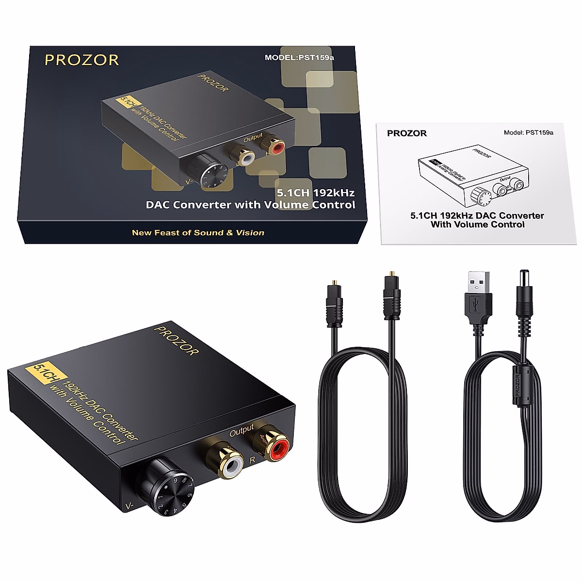 PROZOR DAC Converter 192Khz Digital to Analog Audio Decoder with Volume Control Support 5.1CH DTS Dolly-AC3 Coaxial SPDIF Toslink Optical to RCA Adapter for HDTV Blu-ray DVD PS3 Home Cinema System