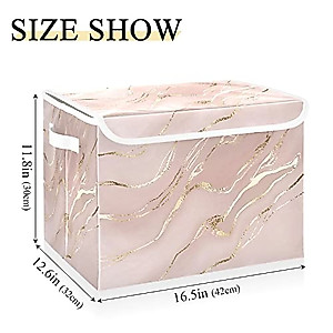 Kigai Storage Basket Rose Gold Abstract Marble Storage Boxes with Lids and Handle, Large Storage Cube Bin Collapsible for Shelves Closet Bedroom Living Room, 16.5x12.6x11.8 In