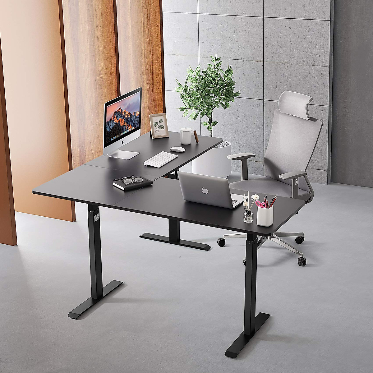UNICOO – L Shaped Crank Height Adjustable Standing Desk, Sit to Stand up Corner Desk, L-Shaped Standing Workstation (Black Frame/Black Top - L Shape Crank)
