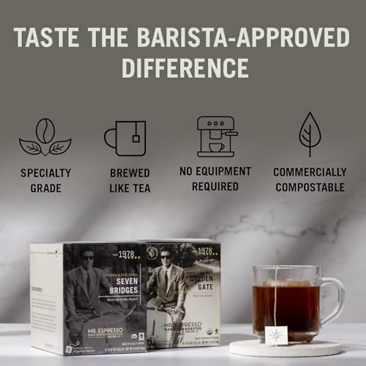 Mr. Espresso Instant Coffee - Organic Single Serve Coffee Tea Bags - Ethically Sourced Instant Espresso Coffee - No Machine Needed, Fair Trade Coffee Packets (Golden Gate) (Medium Dark Roast) (Pack of 8)