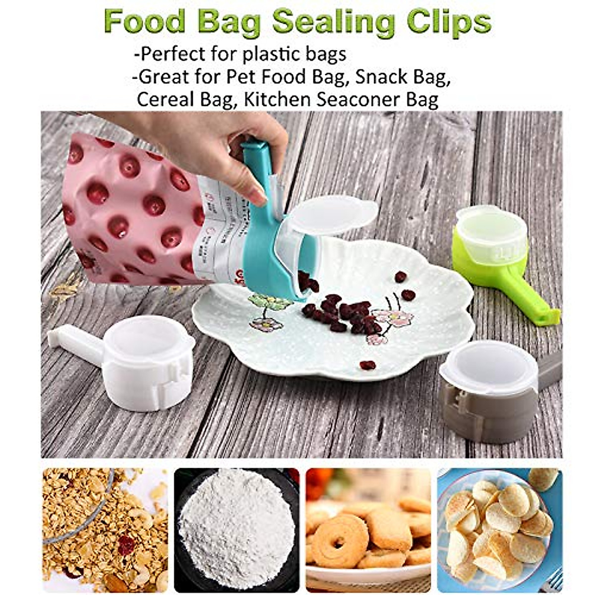 4pcs Food bag clipswith Pour Spouts, Great Clips Bags for Kitchen, Suitable for Small Particle Food, Liquid,Flour and Baby Food Storage Organizer