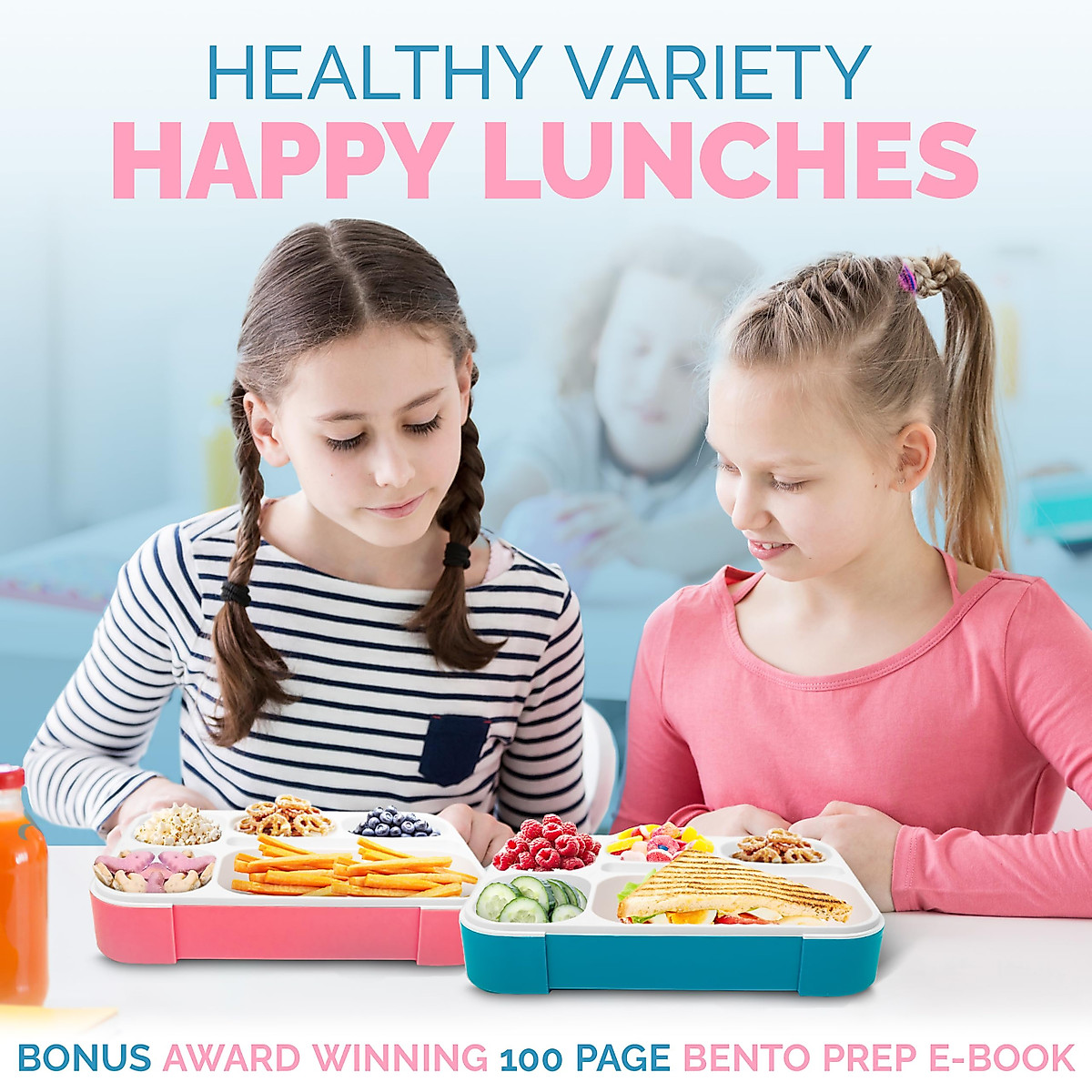 Bento Lunch Box Kids & Adult: Leakproof Lunch Containers for Boys & Girls with 6 Compartments - School, Daycare, Meal Planning Portion Control Container, BPA-Free Boxes, Utensils, Blue & Pink Set