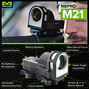 MEPROLIGHT® MEPRO M21 Day and Night Self-Illuminated Fiber Optics and tritium Powered Reflex Red Dot Optic,4.3 Bullseye Reticle, Picatinny.No Batteries no switches