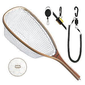 ONROCL Fly Fishing Net Trout Net with Magnetic Release and Rod Holder Wooden Frame Landing Net with Soft Rubber Mesh for Catch and Release (Clear Small Holes)