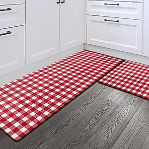 Sunlit Set of 2 Anti Fatigue Kitchen Floor Mat, Non Slip Waterproof Comfort Standing Mat, 0.4 Inch Thick Cushioned Farmhouse Kitchen Rug Runner, White Red Buffalo Check (17"x28"&17"x47")