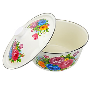 Angoily Enamel Mixing Bowl with Lid Flower Large Salad Bowl Enamelware Washing Basin Chinese Style Soup Bowls Vintage Serving Bowl for Ramen Asian Dishes Cereal Rice Noodle