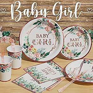 Ecomore Baby Shower Decorations for Girl - 249 PCS Baby Girl Gender Reveal Party Supplies & Disposable Dinnerware Set (25 Guest) with Pink Rose Gold Floral Paper Plates Backdrop Tablecloth Balloon Kit