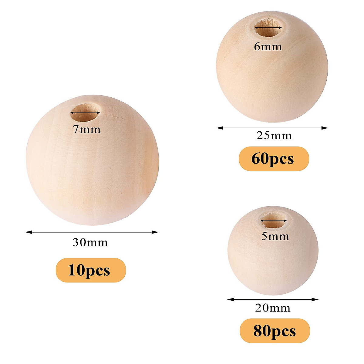 DICOBO 150pcs Wooden Beads Large Size (30mm, 25mm, 20mm) Unfinished Natural Wooden Beads Round Wood Beads Rustic for Garland Macrame, DIY Jewelry Making, Farmhouse Decoration