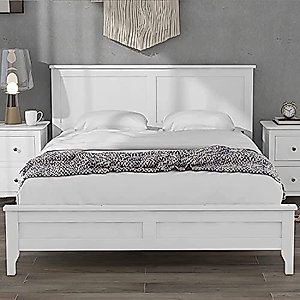 MERITLINE Full Size Platform Bed Frame with Headboard/Solid Wood Foundation with Wood Slat Support/No Box Spring Needed/Easy Assembly (White)