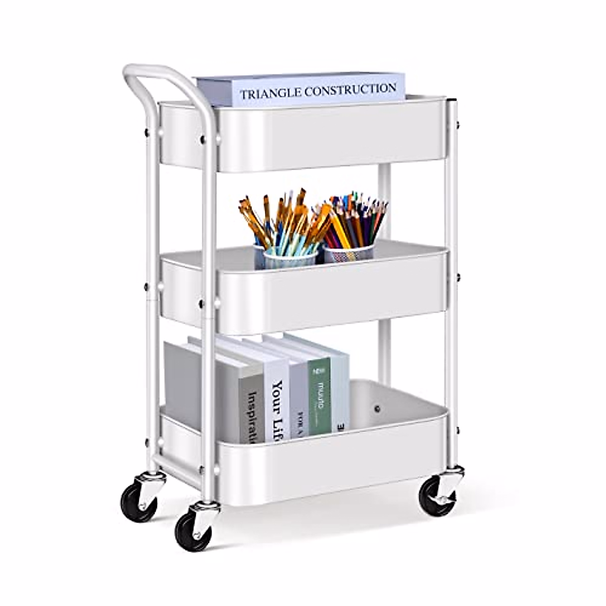 AOODA 3 Tier Under Desk Metal Rolling Cart with Handle and Lockable Wheels, 27'' Height Small Book Cart Mobile Art Cart Rolling Storage Organizer for Office, Bathroom, Kitchen, Nursery (White)
