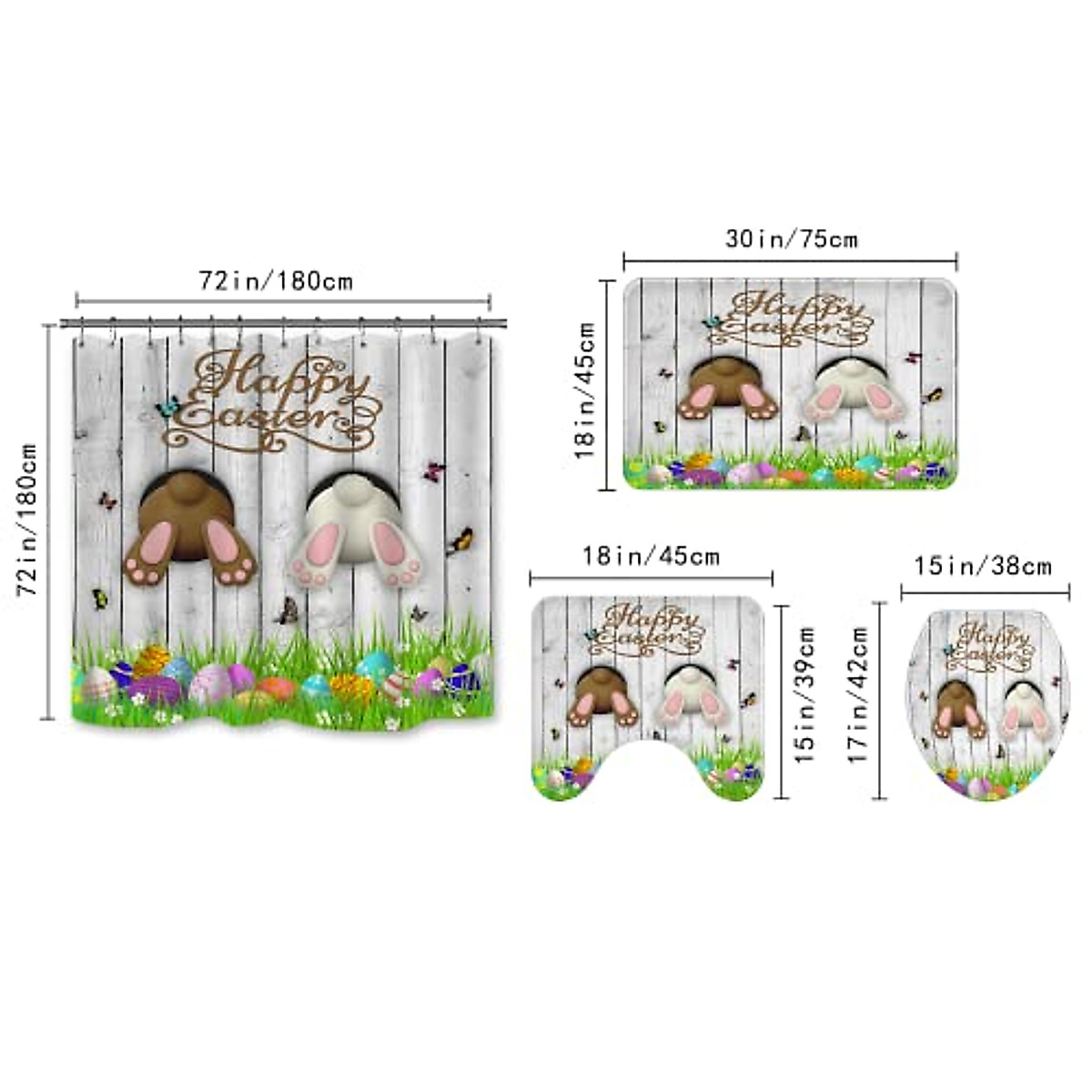 Casdseci 4Pcs Easter Bunny and Eggs Shower Curtains Set with Non-Slip Rugs, Toilet Lid Cover and Bath Mat, Cute Rabbit with Spring Flower Fabric Bathroom Curtain with 12 Hooks 72 x 72 Inch