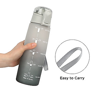 Qidordour Sports Water Bottle, 32oz Motivational Water Bottles with Time Marker & Carry Strap, Leakproof Flip Top Drinking Bottle, BPA-free, Reusable Plastic Jug For Fitness Gym, Gradient Grey