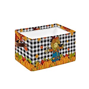 Thanksgiving Scarecrow Storage Bins 1 Pack, Large Waterproof Storage Baskets for Shelves Closet, Fall Pumpkin Maple Leaves Black White Plaid Storage Basket Foldable Storage Box Cube Storage Organizer