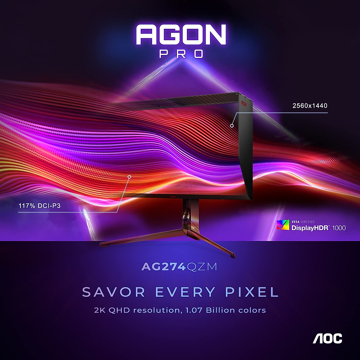 AOC Agon PRO AG274QZM 27” Tournament Gaming Monitor, QHD 2560x1440, 240Hz 1ms, G-SYNC Compatible, DisplayHDR 1000, Mini-LED Backlight, Height Adjustable,Black