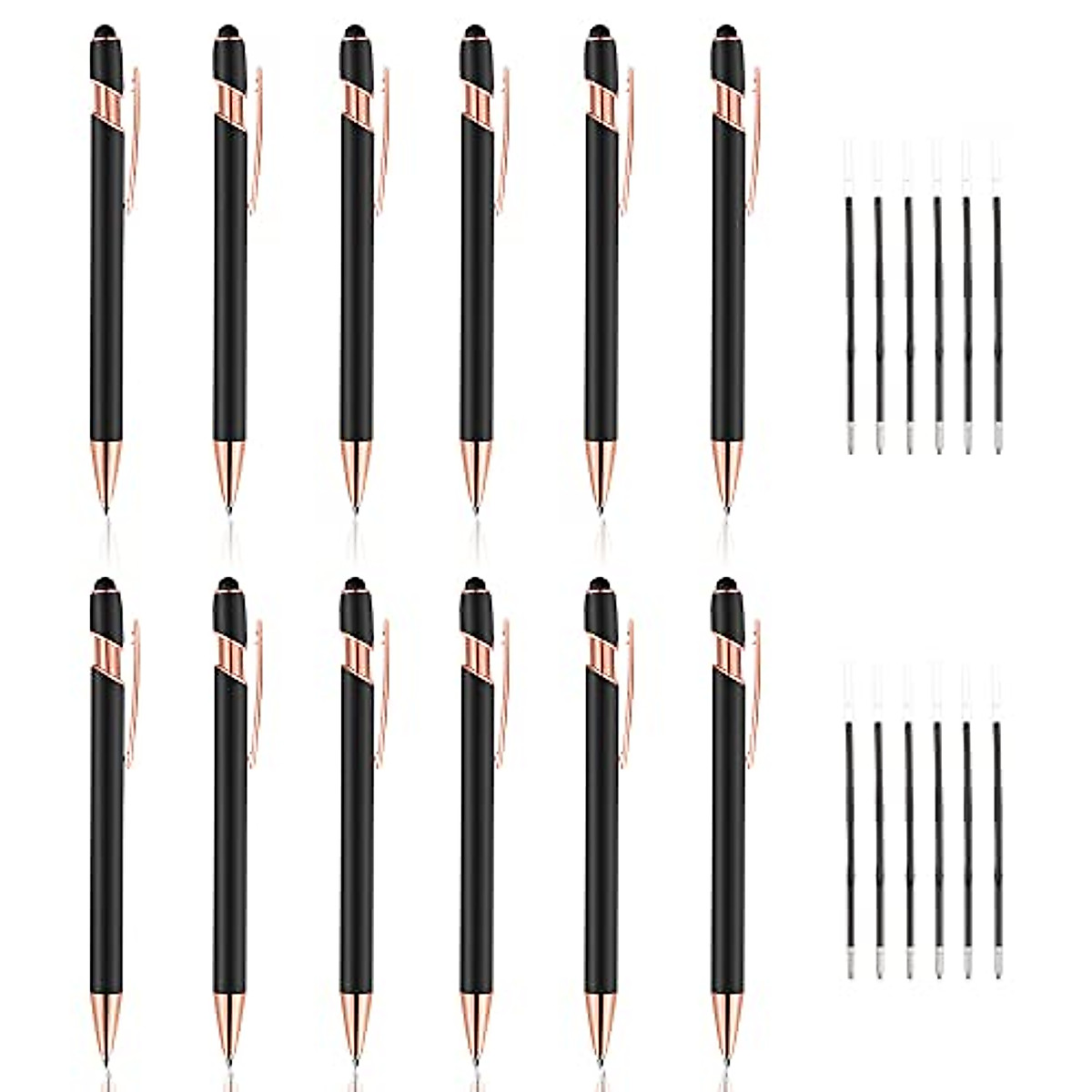 12 PCS 2 in 1 Stylus Ballpoint Pen with Stylus Tip, 1.0 mm Black Ink Metal Pen Stylus Pen for Touch Screens,12 Pens and 12 Refills (Rose Gold & Black)