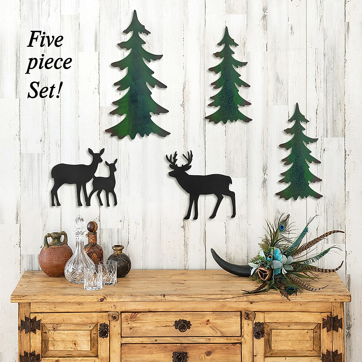 Limygus Metal Wall Art - Deer Pine Wall Decor Hanging Forest Decor Antique Metal Art Metal Wall Decor Home Bedroom Office Outdoor Decorations 5 Pieces