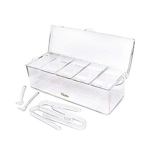 VEBO Ice Chilled 5 Compartment Condiment Server Caddy - Serving Tray Container with 5 Removable Dishes with over 2 Cup Capacity Each and Hinged Lid | 3 Serving Spoons + 3 Tongs Included