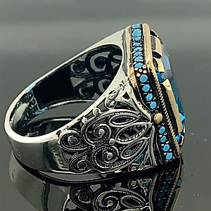 Men Aquamarine Stone Ring, Blue Stone Ring, Vintage Men Ring, Turkısh Ottoman Men Ring, 925k Sterling Silver Ring,