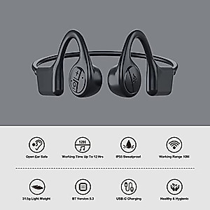ROPASOMIC Bone Conduction Headphones, Open Ear Wireless Earphone Bluetoeth Headset with 12 Hours Playtime IP55 Sweatproof Built-in Mic,Perfect for Running Cycling Hiking and Workouts(DarkBlack)