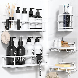YASONIC Shower Caddy Adhesive 5 Pack, No Drill Bathroom Shower Organizers with Removable Hooks, Rust Proof Shower Shelves for Inside Shower, Wall-Mounted Shower Holder, White