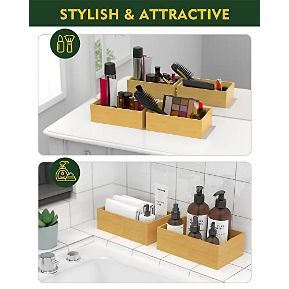 VenDotbi Bamboo Drawer Organizer Storage Box, Multi-Use Stackable Tray Drawer Organizer for Kitchen, Bathroom, Office Desk, Makeup, Jewelry-2Pack