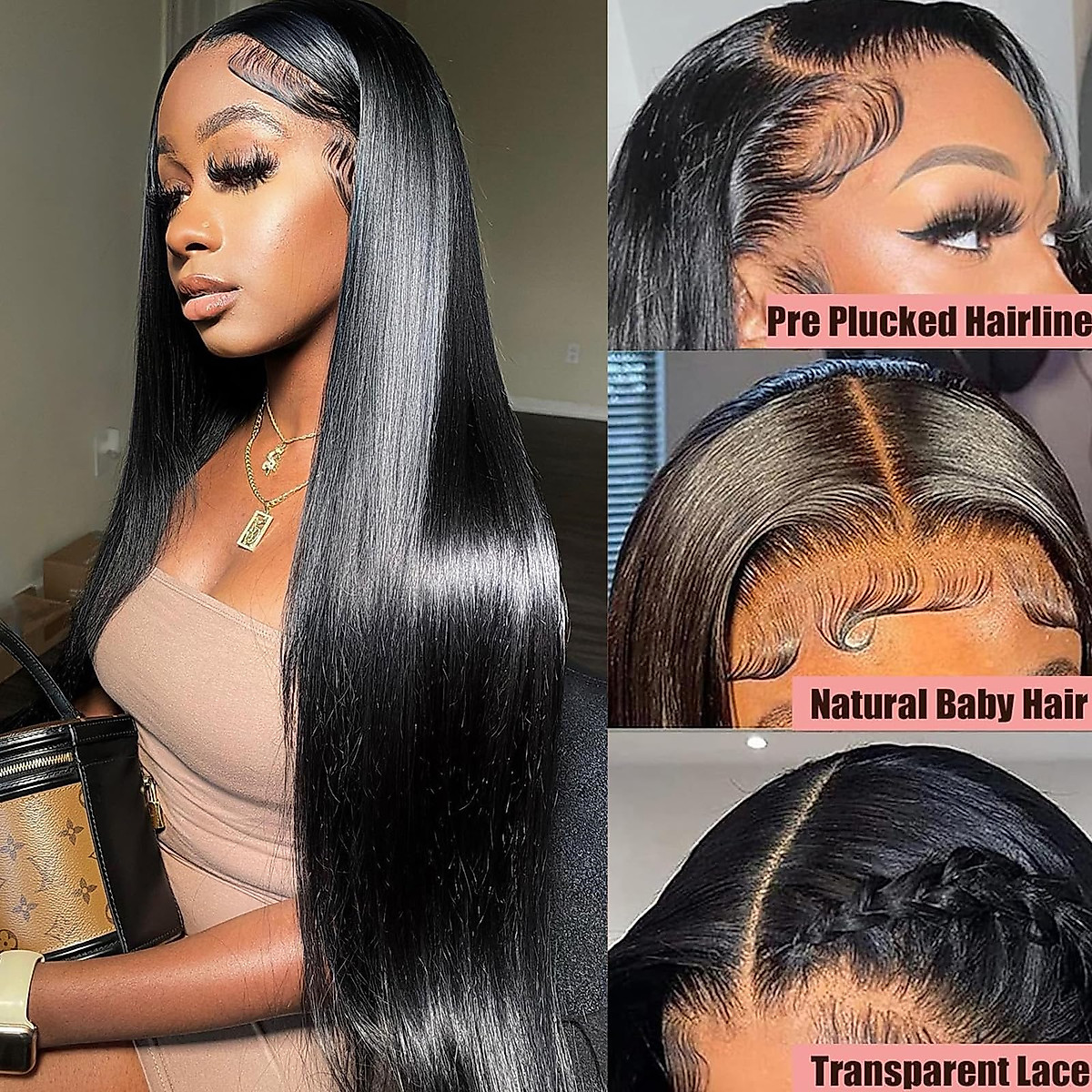 MYSTERY Straight Lace Front Wigs Human Hair 13x4 Human Hair Lace Front Wigs Pre Plucked 150% Density Glueless Human Hair Wigs for Black Women Natural Black with Baby Hair (22 Inch)