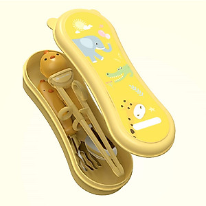 Training Chopsticks Set for Kids and Beginners,Chopstick Spoon Fork and Case Set,Reusable Learning Chopsticks with Attachable Learning Chopstick Helper - Right Handed Only Stainless Steel Yellow