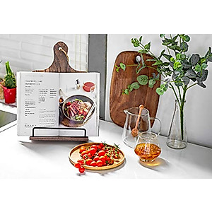 Cookbook Stand, Rustic Wood Cookbook Holder Cutting Board Style, Adjustable Recipe Ipad Tablet Book Holder and Stand for Kitchen with Anti-Slip Kickstand (Dark Brown)