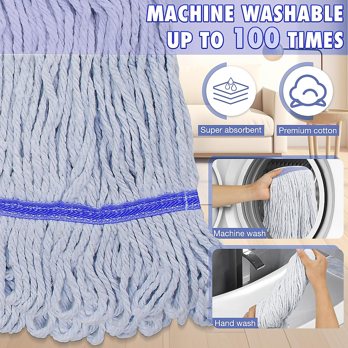 Looped-End Commercial Industrial Cotton Mop for Floor Cleaning ,Heavy Duty String Wet Mops with Long Handle for Home,Garage,Office, Workshop, Warehouse Floor Cleaning (1 Industrial mop)