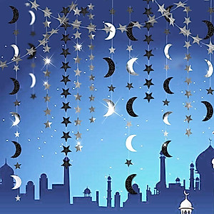 Cheerland New Years Eve Party Decoration Black Silver Crescent Moon Star Garlands for Halloween Birthday Decorations Hanging Twinkle Star Garlands for Bday Wedding EID Graduation Ramadan NYE Supplies