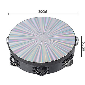 Tambourine 8 inch Radiant Hand Held Drum with Double Row Jingles Reflective Drum Musical Instrument for Church Adults KTV Party