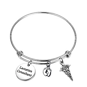 FEELMEM Lactation Consultant Gift IBCLC Breastfeeding Gift Lactation Consultant Wire Bangle with Baby Footprints Charm Jewelry Gift for Lactation Nurse Consultant Breastfeeding Counselor (silver)