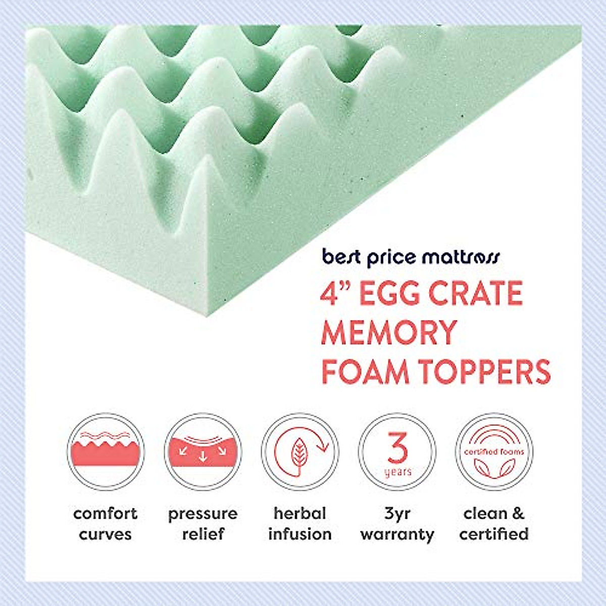 Best Price Mattress 4 Inch Egg Crate Memory Foam Mattress Topper with Calming Aloe Infusion, CertiPUR-US Certified, Full, Green