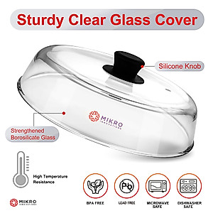 Glass Microwave splatter cover for food plate - Sturdy Borosilicate glass splatter guard with vent hole - 100% Food Safe BPA free Easy Grip Silicone Knob and Dishwasher safe - 10.5in