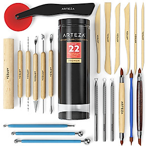 ARTEZA Pottery Tools & Clay Sculpting Tools, Set of 22 Pieces in PET Storage Tube, for Clay, Pottery, Ceramics Artwork & Holiday Crafts