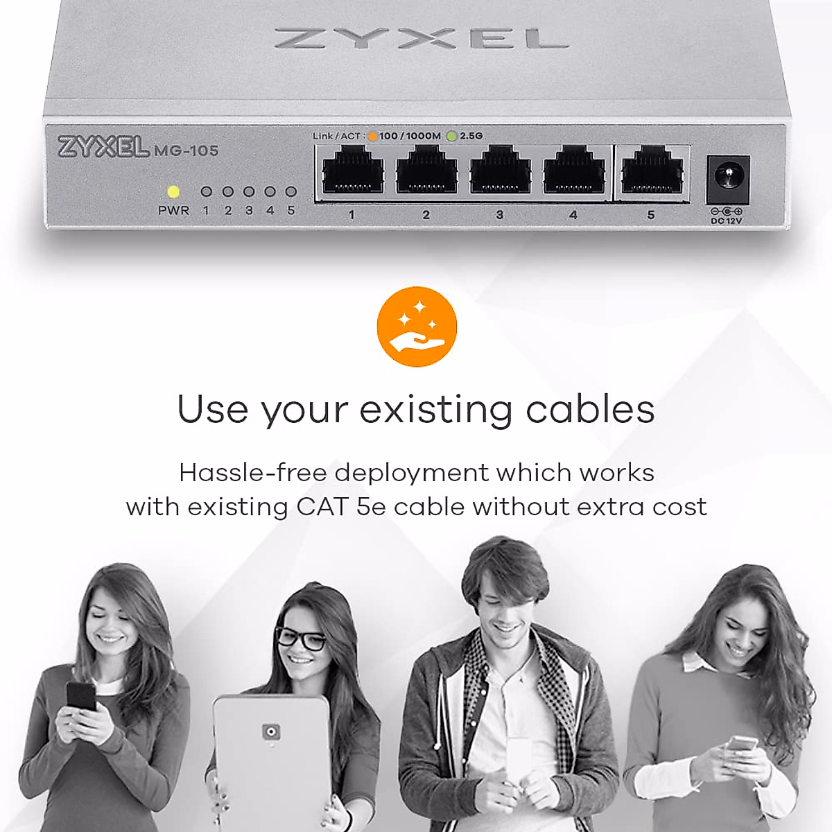 Zyxel 5-Port 2.5Gb MultiGig Ethernet Unmanaged Switch | 5 x 100/1G/2.5G Ports | Plug & Play | Metal Housing | Desktop or Wall-Mount | Ethernet Splitter MG-105