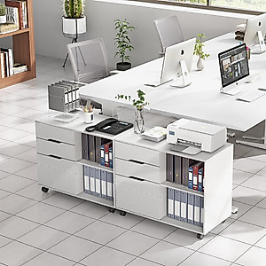 NEWBULIG 3-Drawer Mobile Cabinet,Wood Lateral Filing, Printer Stand with Open Adjustable Storage Shelves and Wheels for Home Office,White