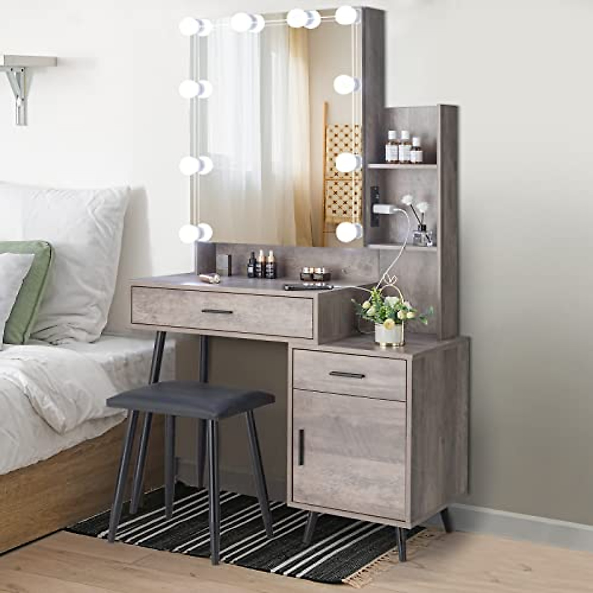 3-color Lighted Mirror Cabinet with Stool - Vanity Desk and Cushioned Chair - Sliding Mirror Makeup Desk - 2 Drawers 1 Door Cabinet 2 Shelves - Charging Station - Screen Touch Switch - Retro Grey