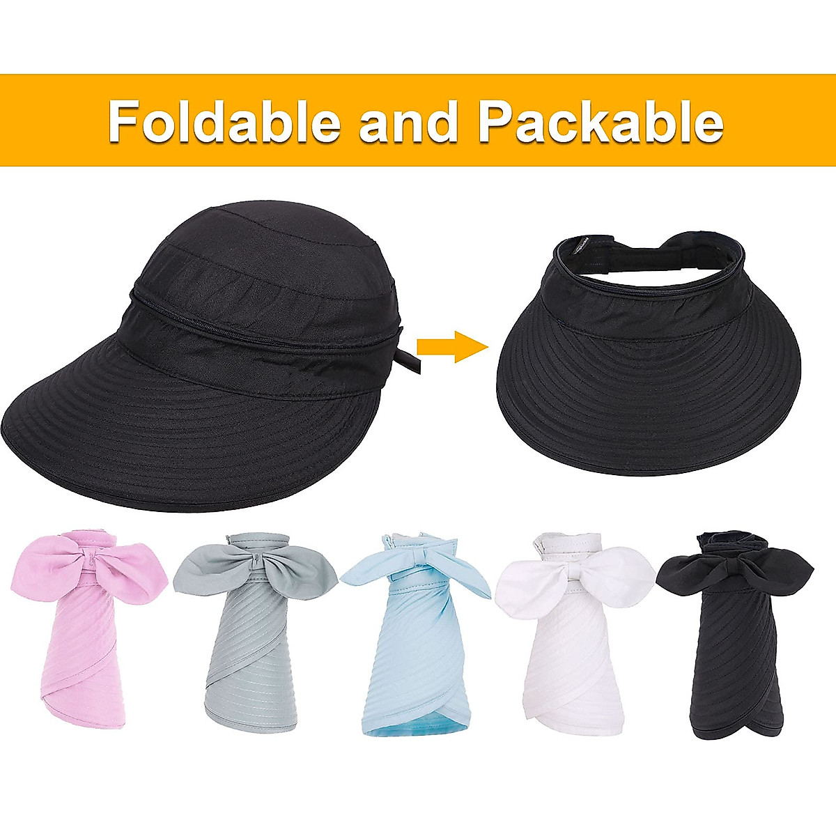 Verabella Womens Beach Hat Summer 𝗟𝗶𝗴𝗵𝘁𝘄𝗲𝗶𝗴𝗵𝘁 𝗦𝘂𝗻 𝗵𝗮𝘁 for Hiking Sun Protection 2 in 1 Visor Sun Protection Hat (Black)