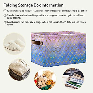ZOEO Large Storage Basket, Mermaid Scales Purple Marble Glitter Foldable Storages Box Organizer Bins with Leather Handles for Shelves Closet Bedroom, Theme Party