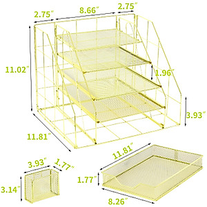 Spacrea 5-Tier Paper Letter Tray Organizer with File Holder - Office Desk Accessories & Workspace Organizers with Drawer and Pen Holder, Cute Desk Organizer for Office Supplies (Gold)
