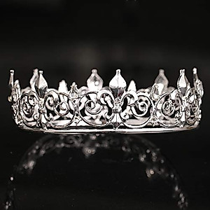 FORSEVEN Full Round King Crown- Metal Rhinestone Crowns and Tiaras for Women and Men Party Prom (HG340 Silver)