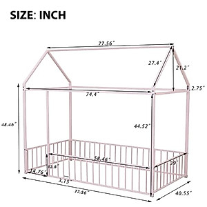Twin Size Pink Floor Bed Frame with Safety Fence and Door, Metal Montessori Bed Toddler Floor Bed for Kids Girls Boys,Twin House Floor Bed Frame with Roof, No Box Spring Needed (Pink)