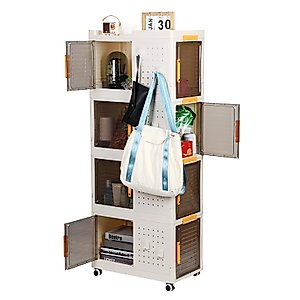GIFZES Closet Organizers and Storage with Lids and Doors, 4 Tier Plastic Storage Bins Organizer, Collapsible Stackable Storage Bins with Wheels, Folding Storage Box for Closets White