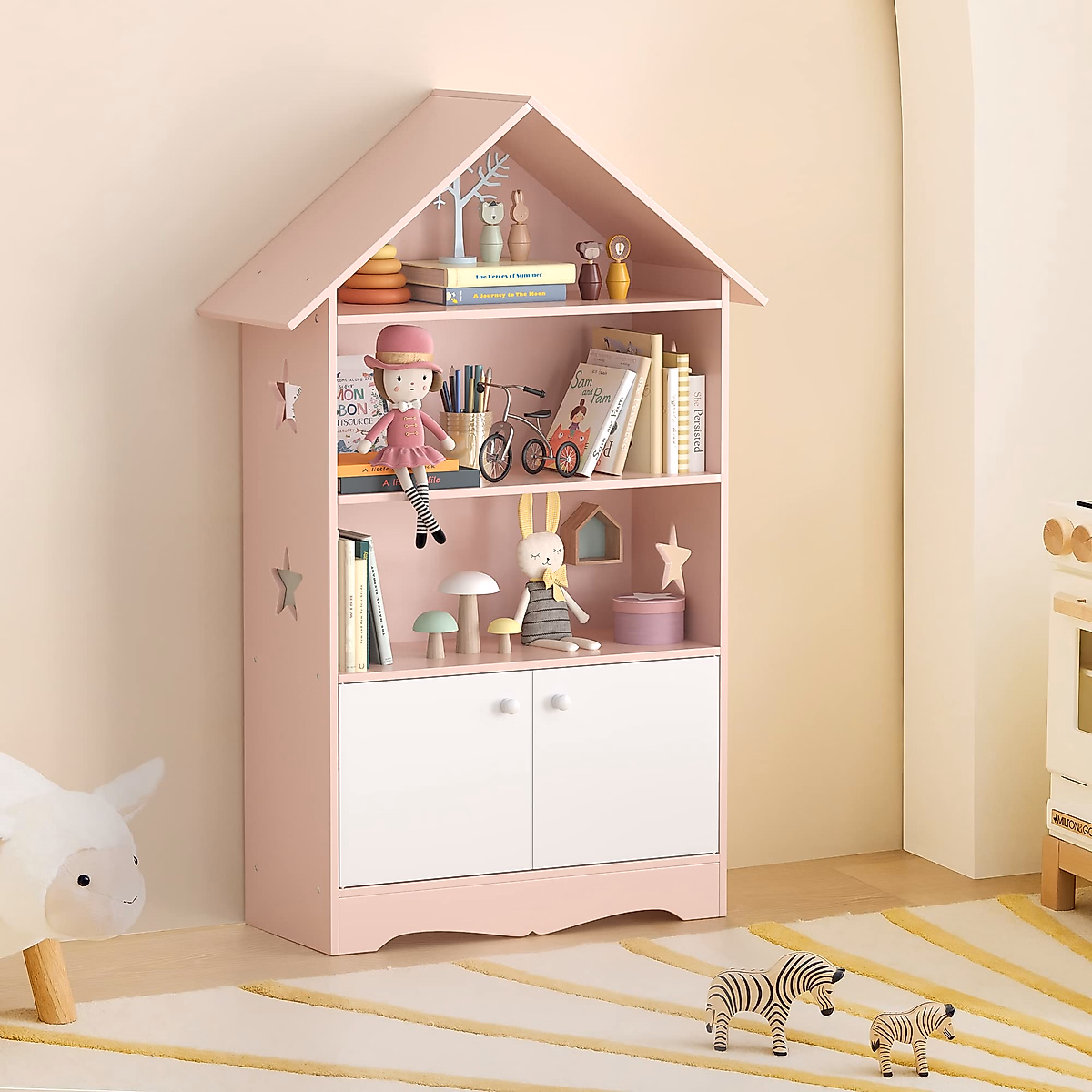 Curipeer Kids Dollhouse Bookshelf, Large Wooden Kids Bookshelf and Toy Storage with Doors, 3-Tier Open Display Organizer and 1-Tier Hidden Storage Dollhouse Bookcase for Ages 3-7, Pink