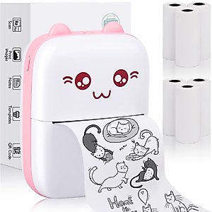 Eschen Pocket Mini Printer, Portable Printer with 6 Rolls Printing Paper for IOS Android Smartphone, Label Receipt Sticker Photo List Notes Inkless Printing Gift, Pink