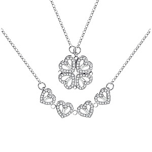 VANGETIMI 2 in 1 Four Leaf Clover Charm Lucky Necklace Heart Crystal Pendant Necklace Silver Link Mother's Day Gifts Jewelry for Women