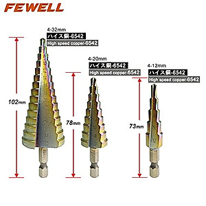 FEWELL M2 Titanium Step Drill Bits 3 Pieces,Straight Flute Step Bit（4mm—12/20/32mm),Hex Shank Unibit for Metal, Wood, Stainless Steel, Plastic（29 Size）